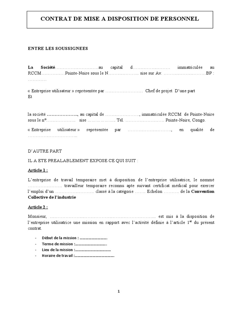 Contrat de mise à disposition de personnel | PDF | Intérim (travail ...