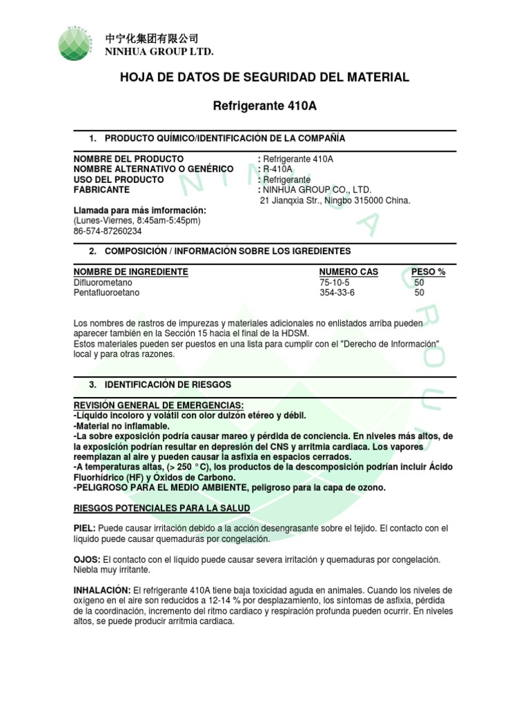 MSDS Refrigernate-R410a | PDF | Agua | Quemar