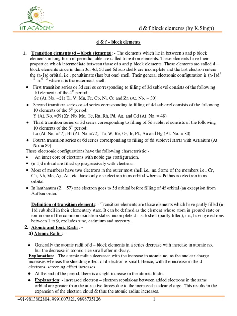 D & F - Block Elements | Download Free PDF | Lanthanide | Transition Metals