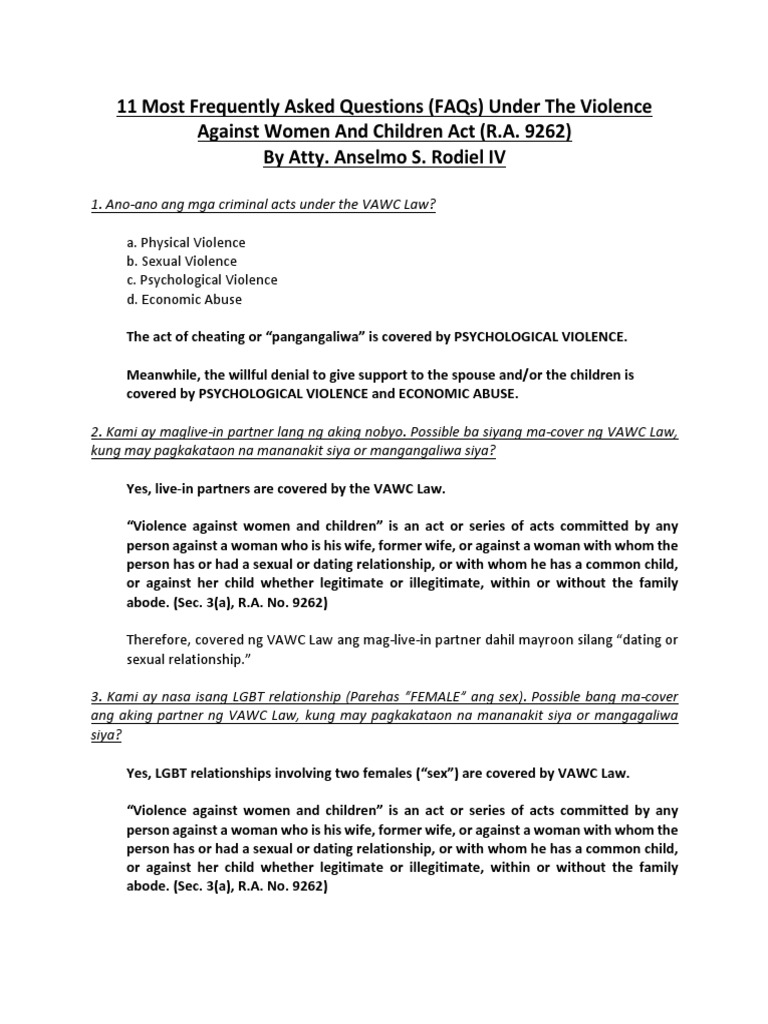11 Most Frequently Asked Questions Under The VAWC Law | PDF