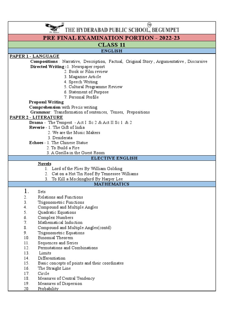 Class 11 (Portion) - Prefinal Exam 2022-23 | PDF | Chemistry | Gases
