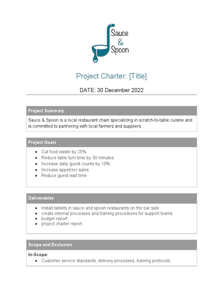Sauce & Spoon Project Charter Overview | PDF