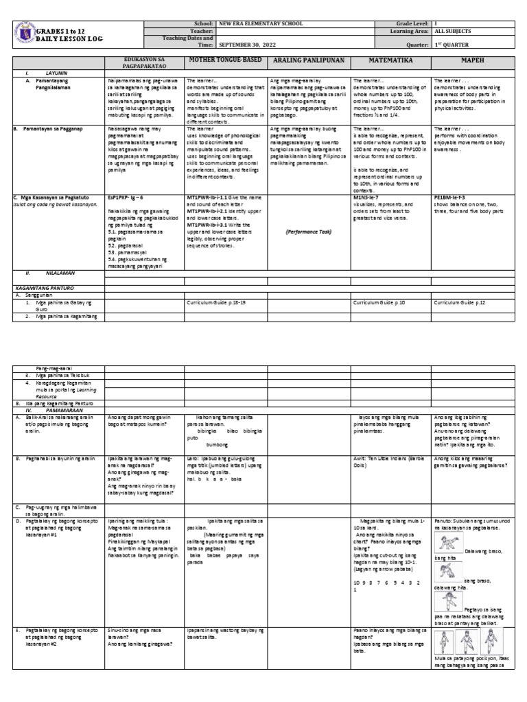 Daily Lesson Log for Grade 1 Subjects | PDF | Linguistics | Cognition