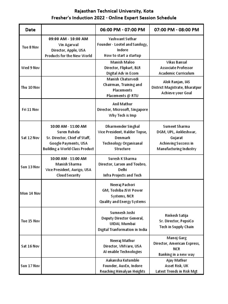 Induction 2022 - Online Expert Session Schedule | PDF