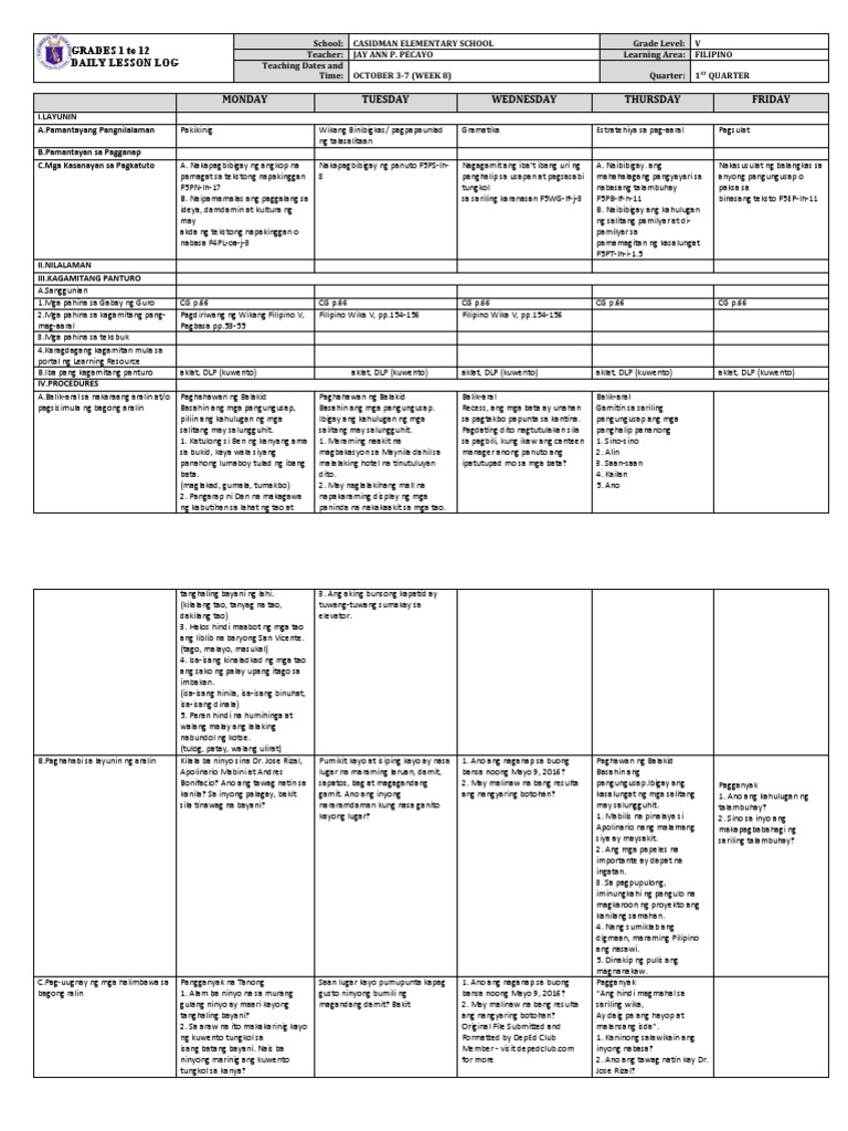 DLL - Filipino 5 - Q1 - W8 | PDF