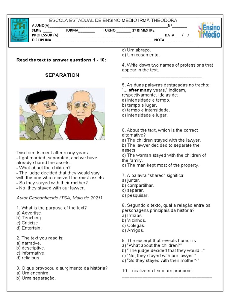 Avalia 2 Ano Ingles 1 Bimestre | PDF