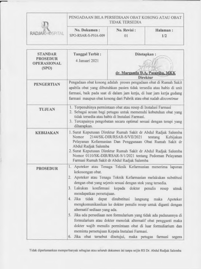 Spo 009 Pengadaan Bila Persediaan Obat Kosong Atau Tidak Tersedia