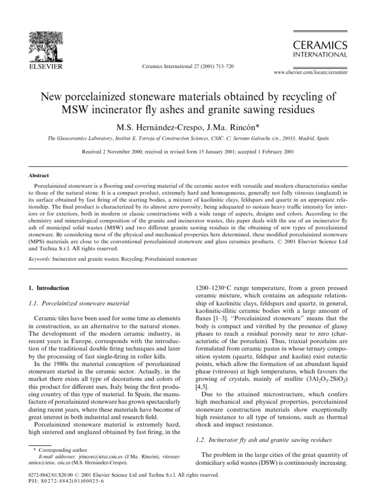 2001 - New Porcelainized Stoneware Materials Obtained by Recycling of MSW Incinerator Fly Ashes ...