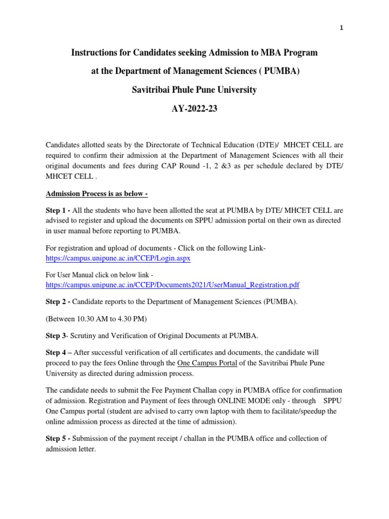 Instructions For Admission To MBA in PUMBA AY - 2022 - 23 - 20102022 | PDF