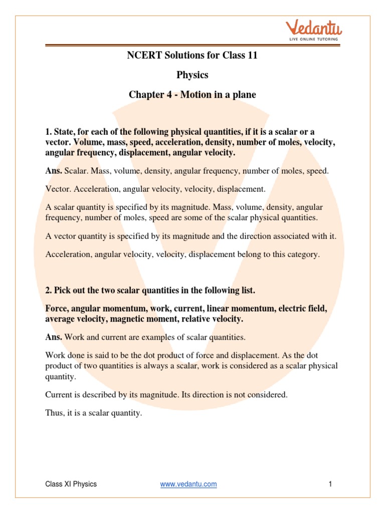NCERT Solutions For Class 11 Physics Chapter 4 Motion in A Plane | PDF ...