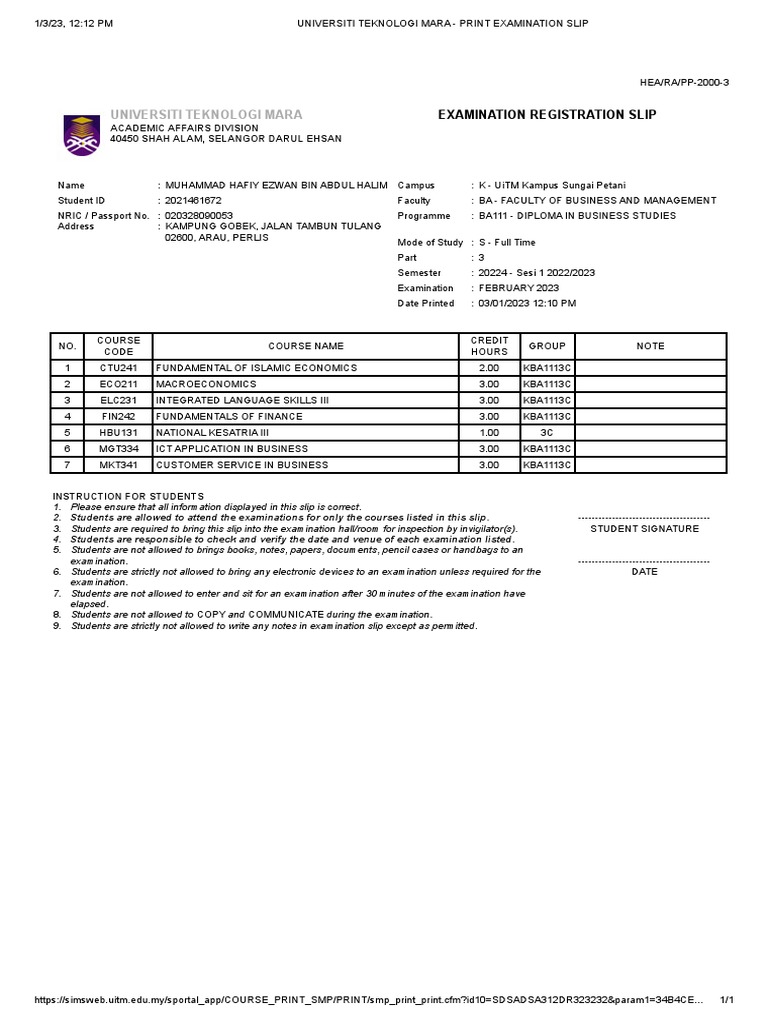Universiti Teknologi Mara: Examination Registration Slip | PDF