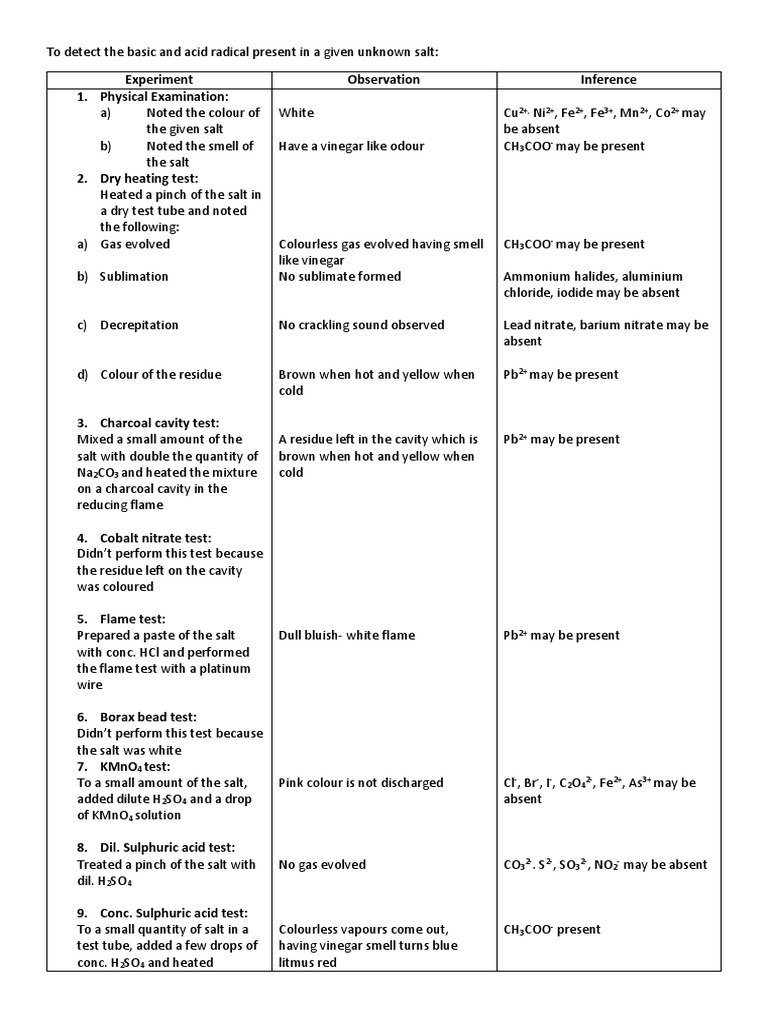 Salt Analysis - Lead Acetate | PDF | Chemistry | Chemical Substances