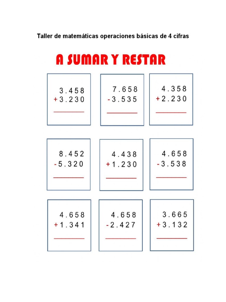 Taller de matemáticas operaciones básicas de 4 cifras | PDF