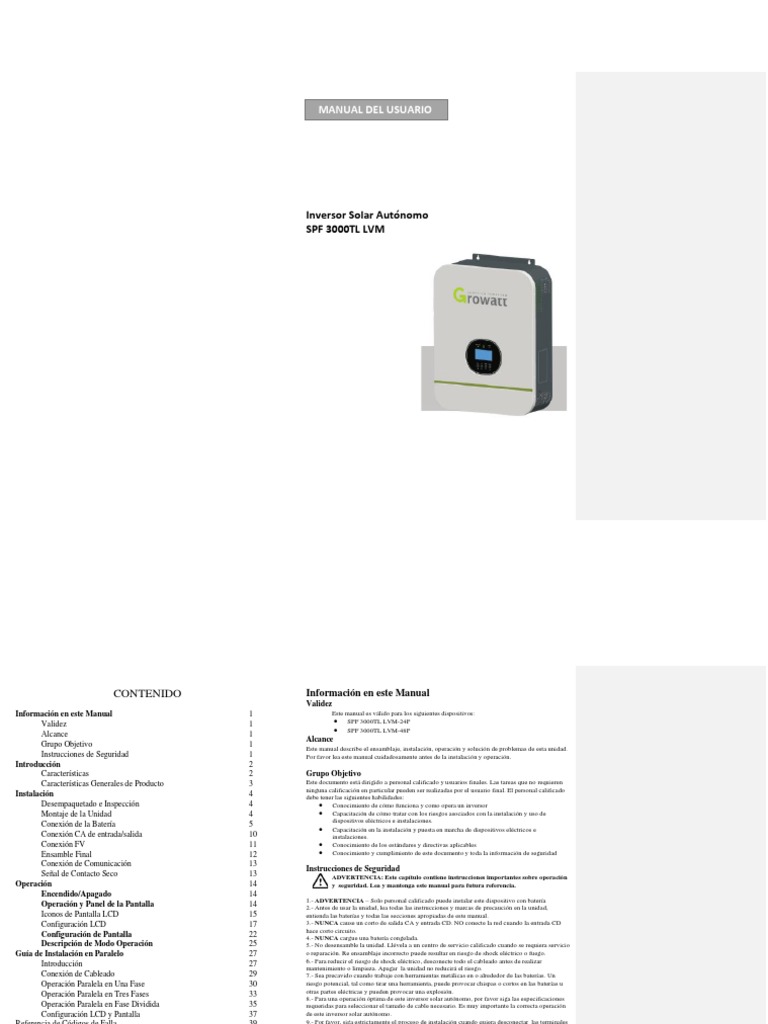 Manual Inversor Growatt SPF 3000w 48v 30a LVM | PDF | Inversor de energia | Cargador de batería