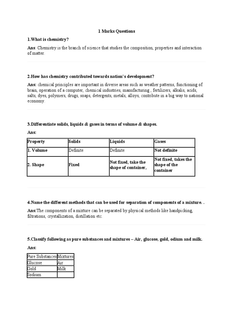 1 Marks Questions | PDF | Molecules | Chemistry