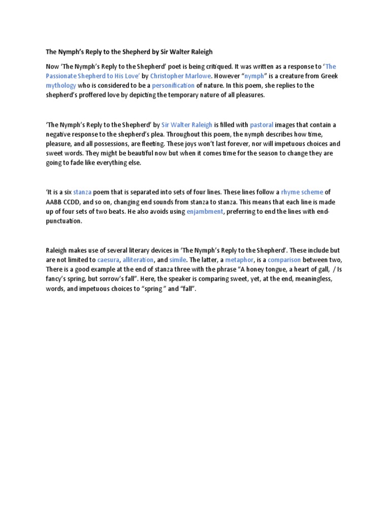 The Passionate Shepherd To His Love' Christopher Marlowe Nymph ...