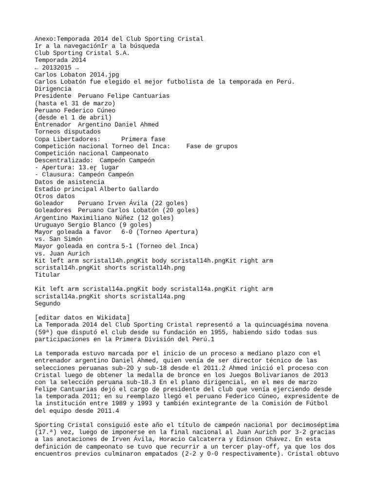Temporada 2014 Del Club Sporting Cristal | PDF | Deportes y actividades ...