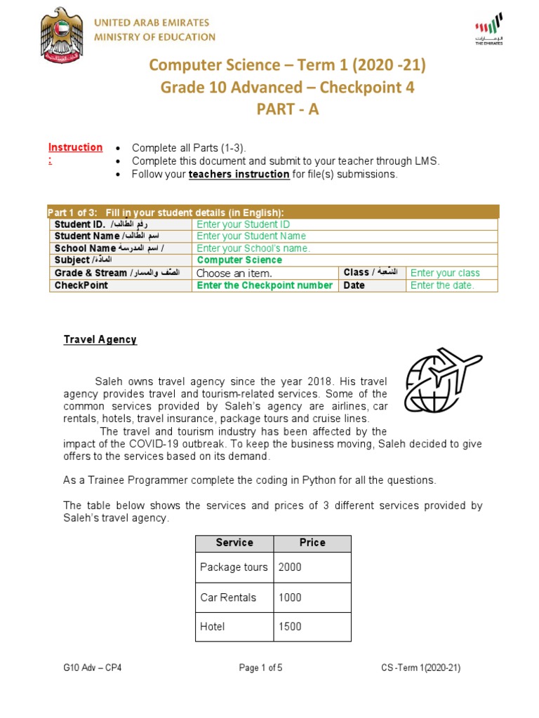 Computer Science - Term 1 (2020 - 21) Grade 10 Advanced - Checkpoint 4 ...