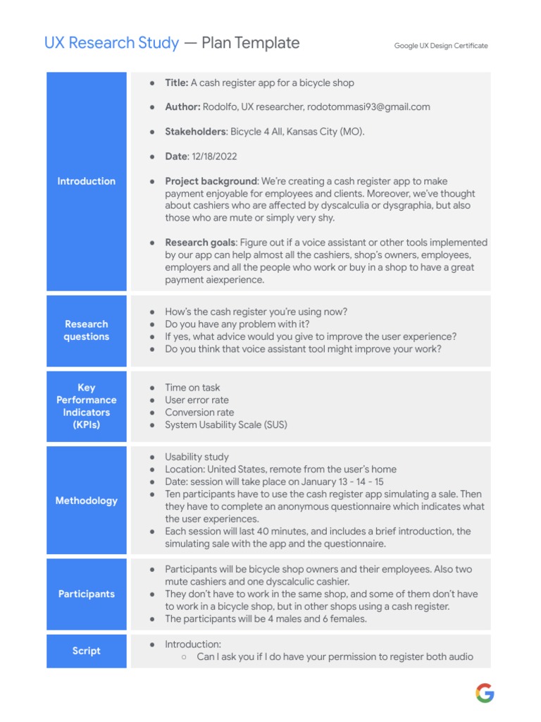Google UX Design Certificate - UX Research Study Plan (Template) | PDF ...