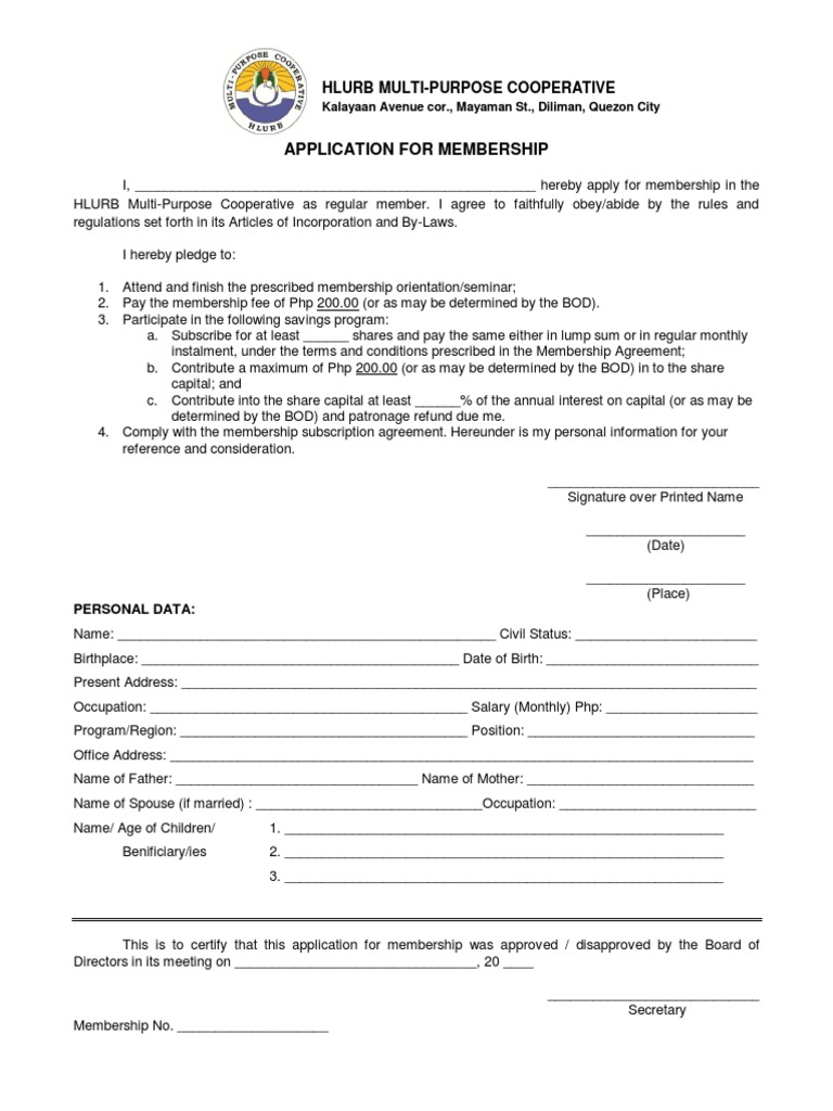 HLURB Cooperative Membership Application | PDF | Board Of Directors ...