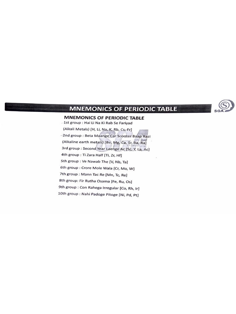 Periodic Table Mnemonics | PDF | Metals | Native Element Minerals