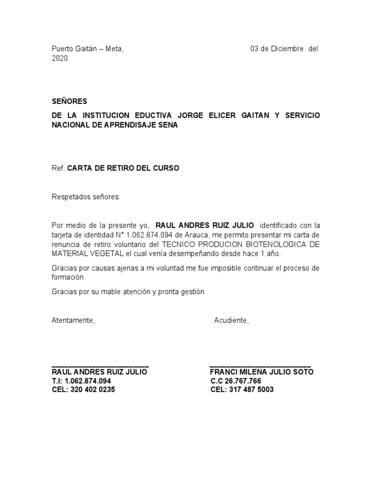 Carta de Retiro de Un Curso o Colegio | PDF