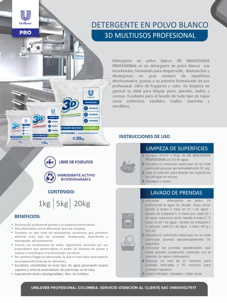 Ficha Técnica Detergente Multisuos 3D Polvo Blanco. | PDF | Detergente | Agua