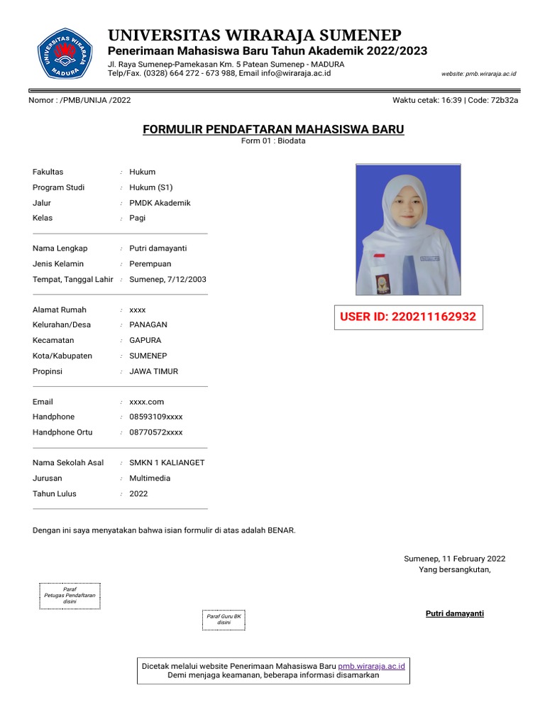 Cetak Form Biodata - Penerimaan Mahasiswa Baru PMB Online Wiraraja Sumenep | PDF