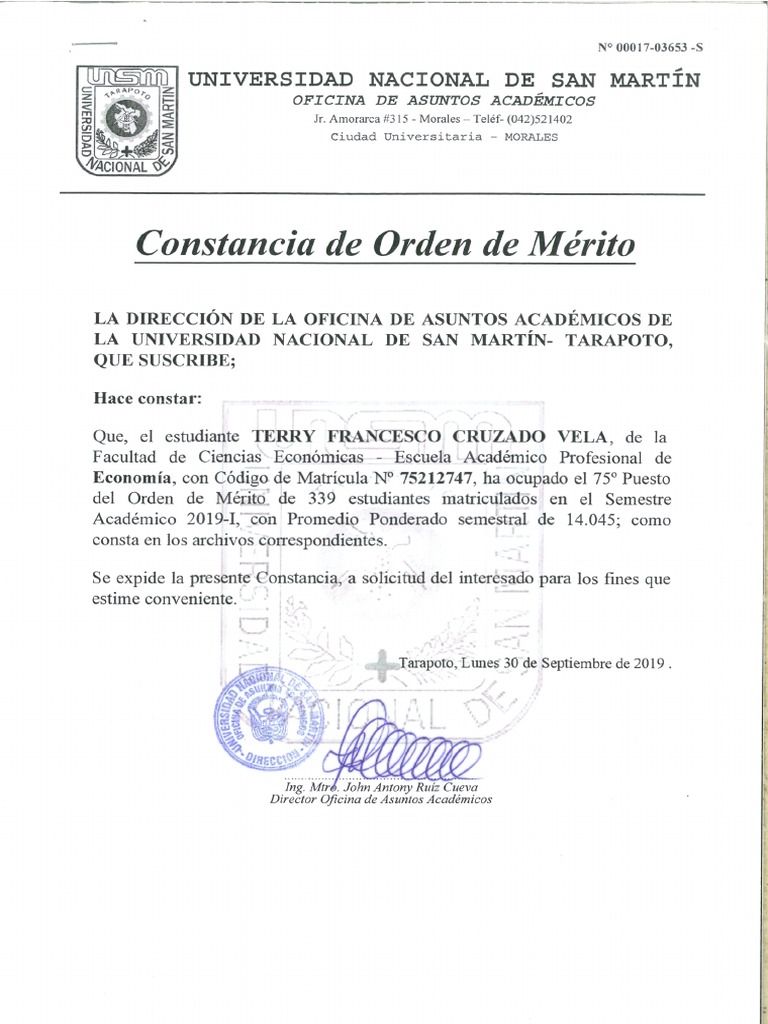 Constancia de Orden de Merito | PDF