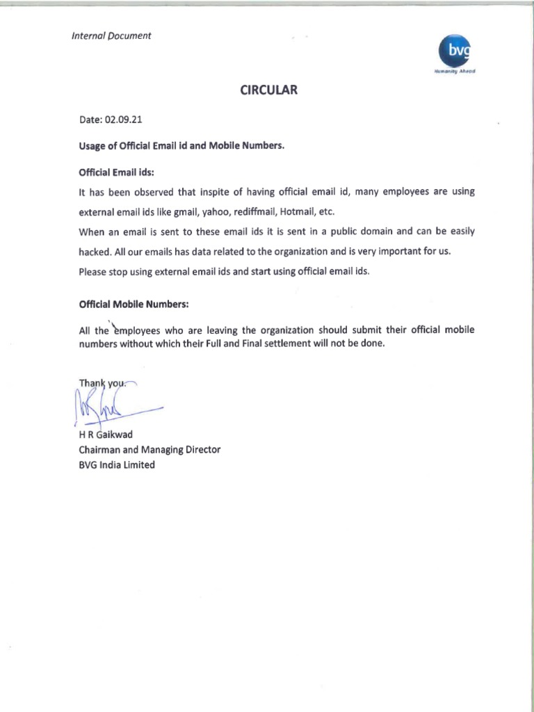 Circular - Usage of Official Emails Ids and Mobile Numbers | PDF