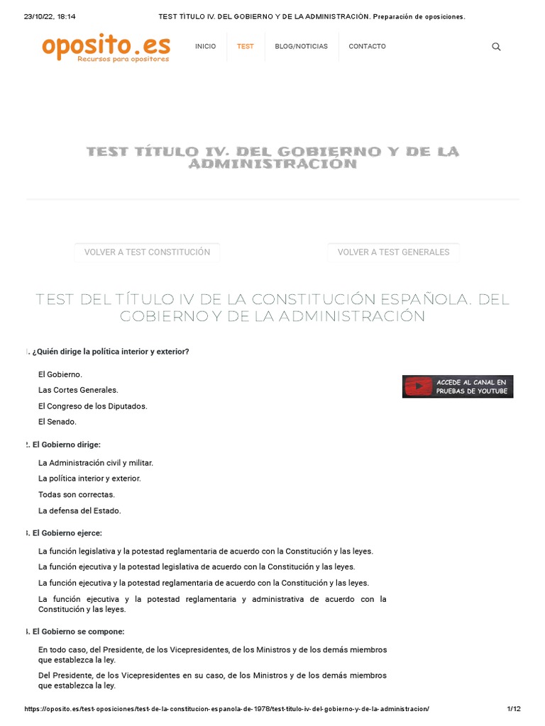 Test Título Iv Del Gobierno Y De La Administración Preparación De
