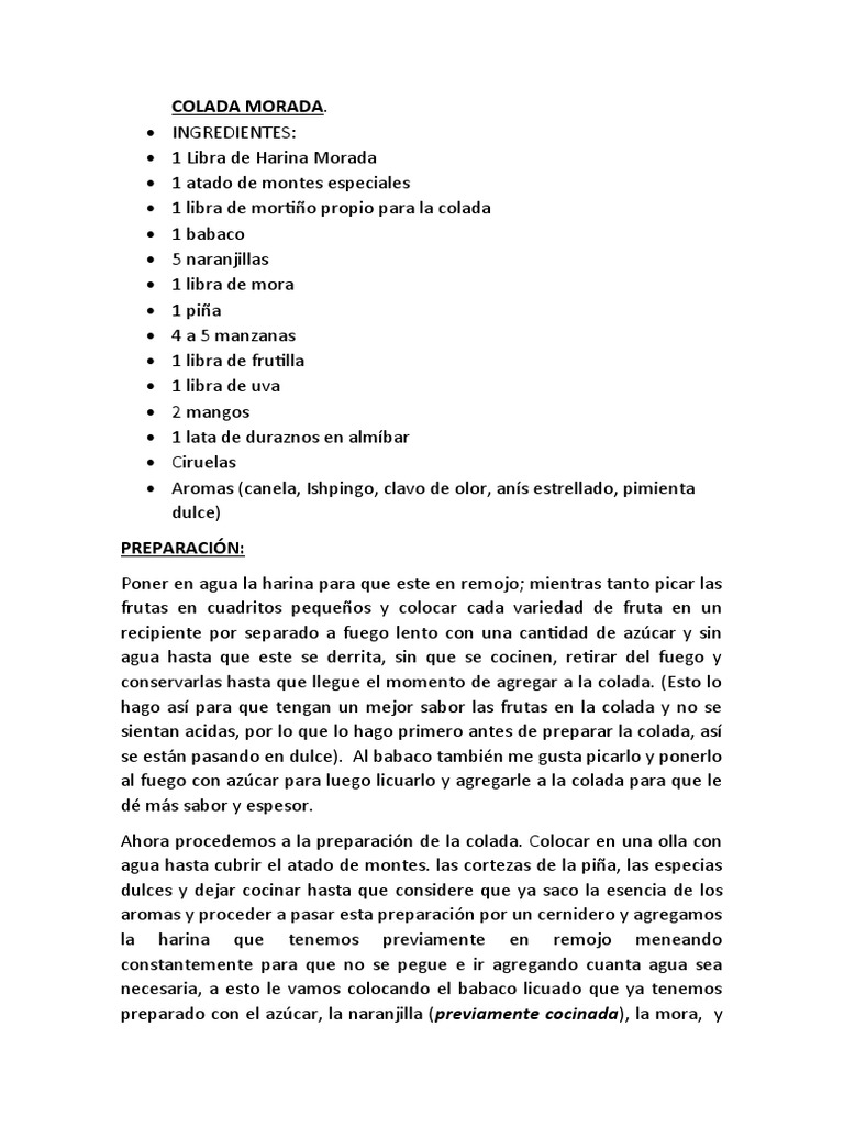 Receta de Colada Morada Ecuatoriana | PDF