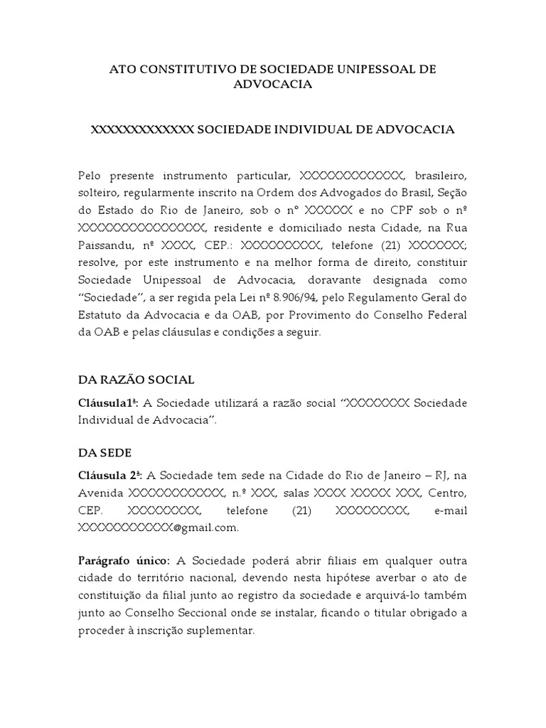 Modelo Contrato Sociedade Unipessoal de Advocacia | PDF | Advogado ...