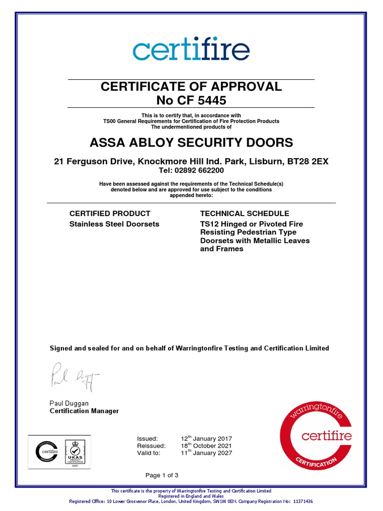 ASSA ABLOY Fire Rated Doors Certification | PDF | Door | Building ...