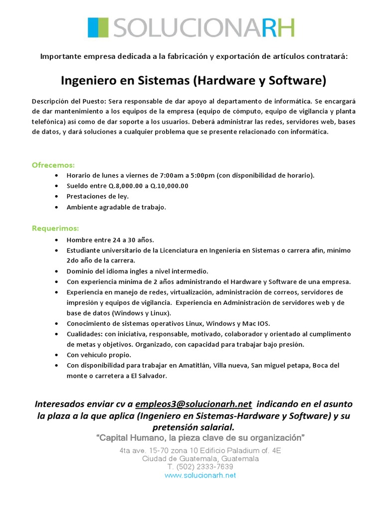 4 Anuncio Ingeniero en Sistemas Hardware y Sofware Oct 2017 | PDF