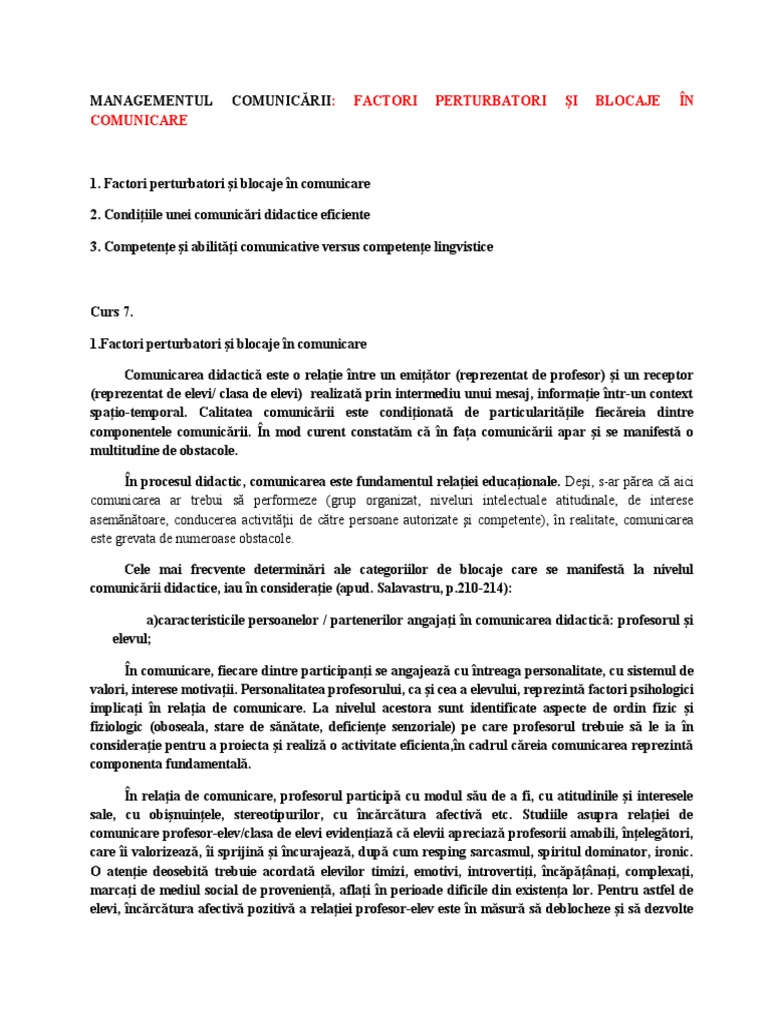 Curs 7. Factori Perturbatori Și Blocaje În Comunicare | PDF
