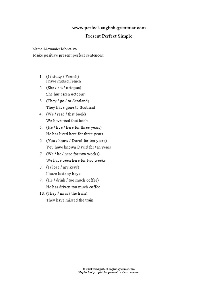 Present Perfect Aff, Neg, Int | PDF