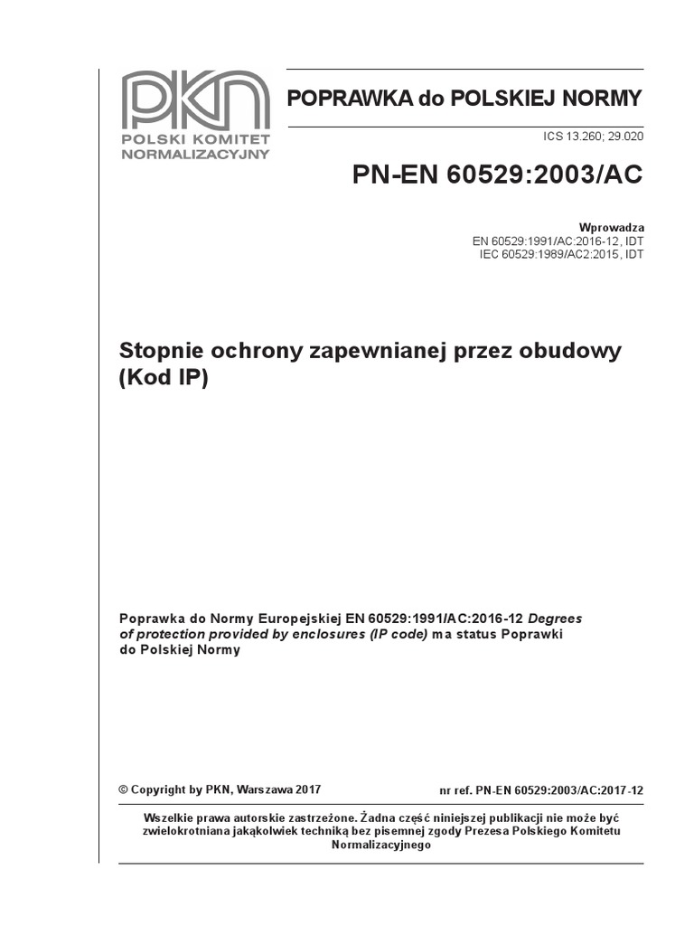 PN-EN 60529:2003/AC: Poprawka Do Polskiej Normy | PDF
