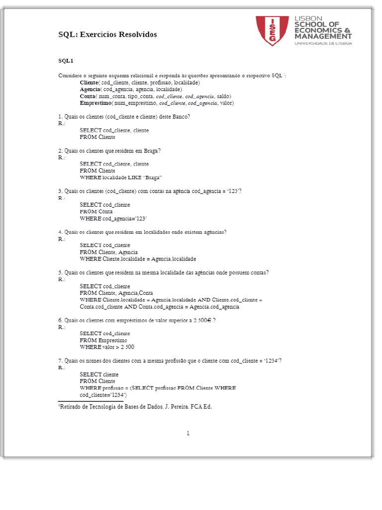 SQL - Exercicios Resolvidos - PDF Download Grátis | PDF | Autoajuda
