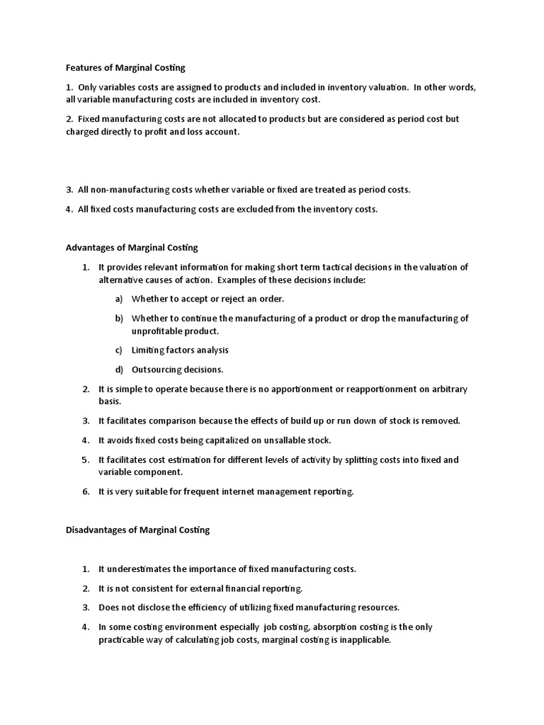 Features of Marginal Costing | PDF | Cost | Cost Of Goods Sold
