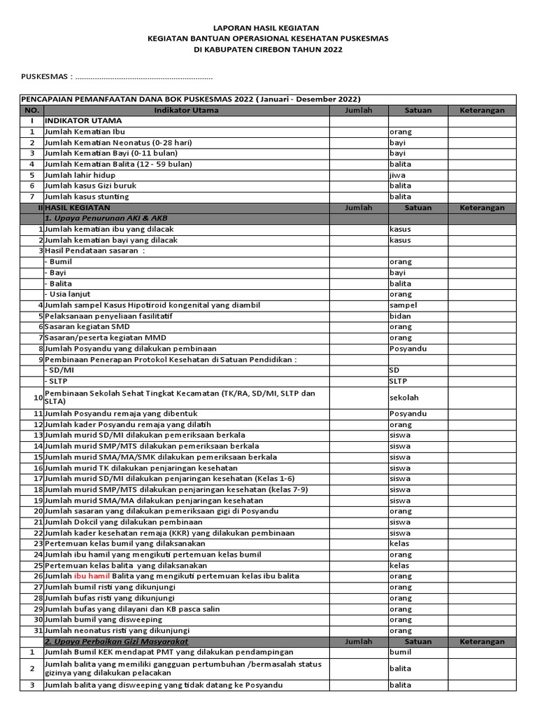 Format Laporan Tahunan BOK Puskesmas 2022 | PDF | Pengembangan Diri | Sains & Matematika