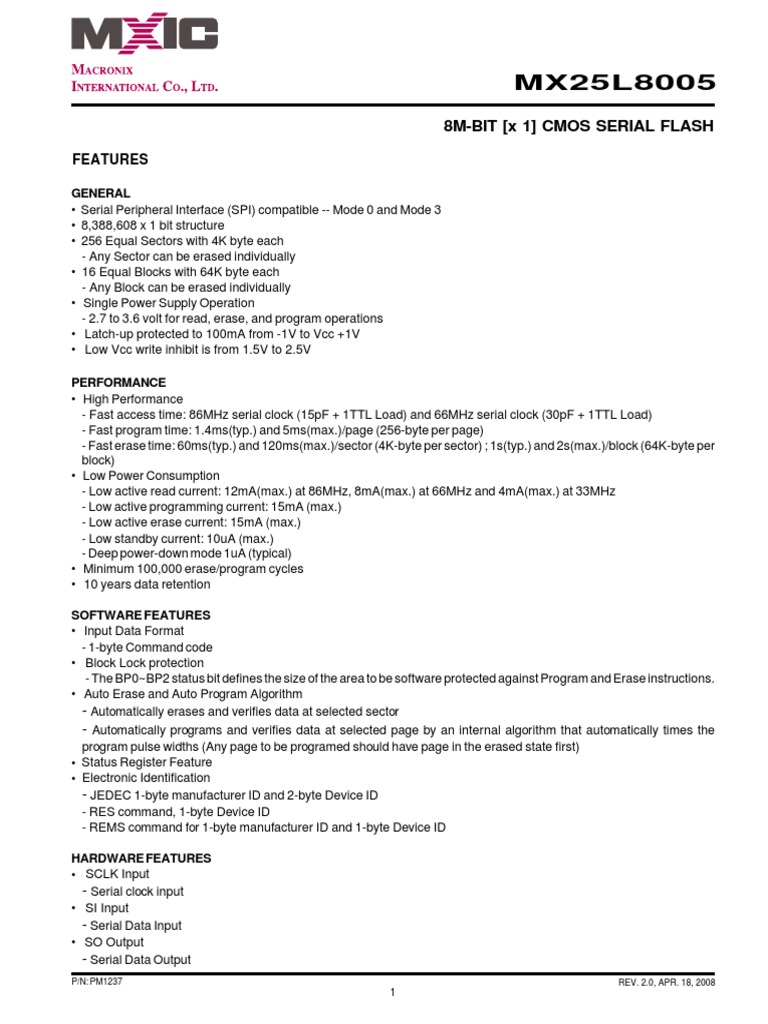 Macronix MX25L8005M2C 15G Datasheet | PDF | Flash Memory | Electrical Engineering