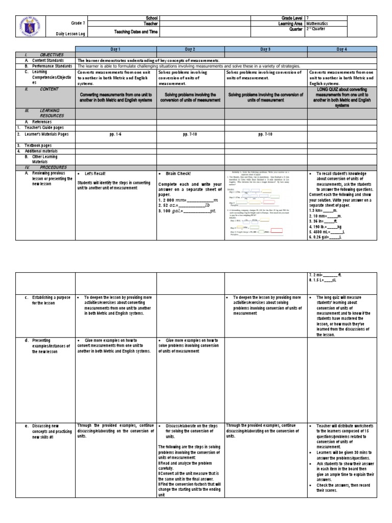 DLL - Math-7 - CONVERSION OF UNITS OF MEASUREMENT | PDF | Learning ...