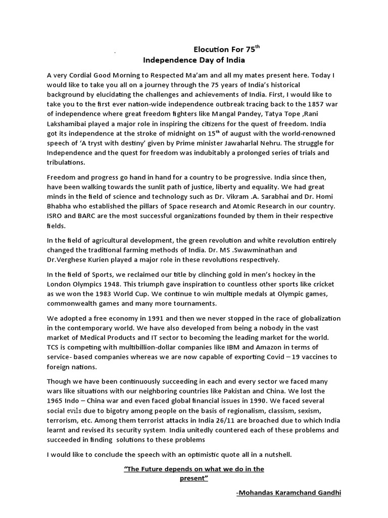 Elocution (75th Independence Day Speech Topic) | PDF | Politics