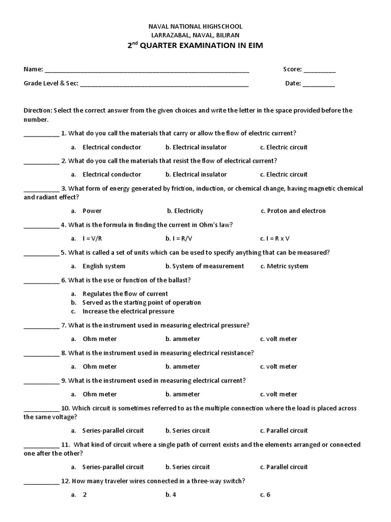 EIM 2nd Quarter Exam | PDF | Electricity | Electric Current