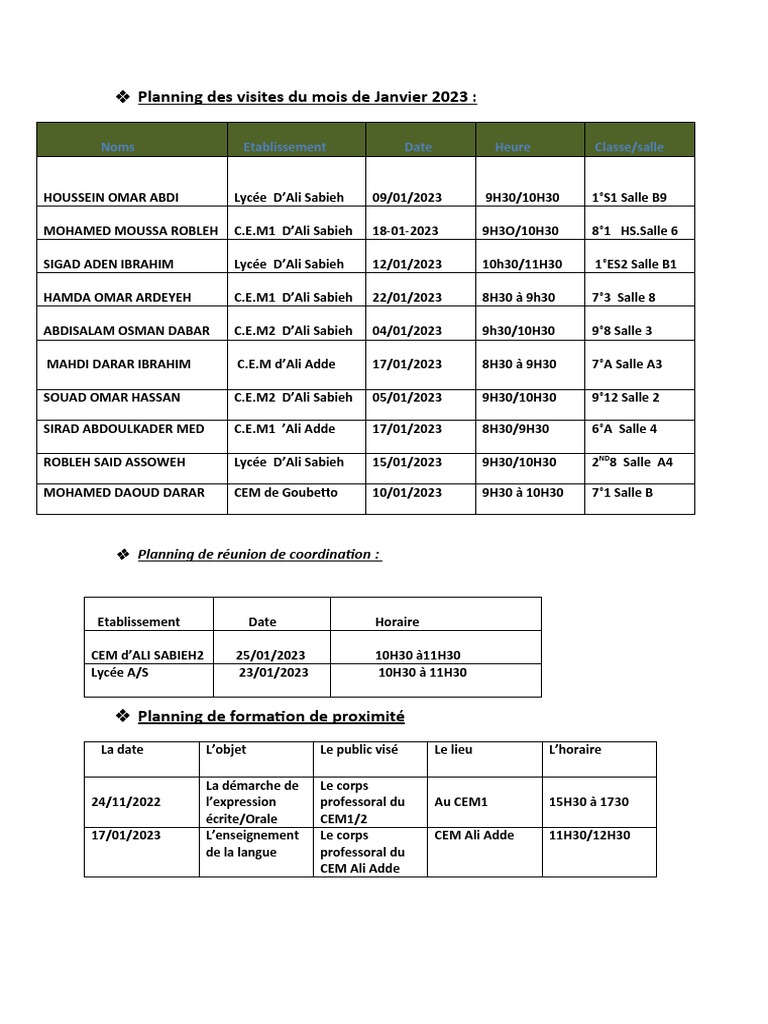 Planning Des Visites Du Mois de Janvier 2023 | PDF