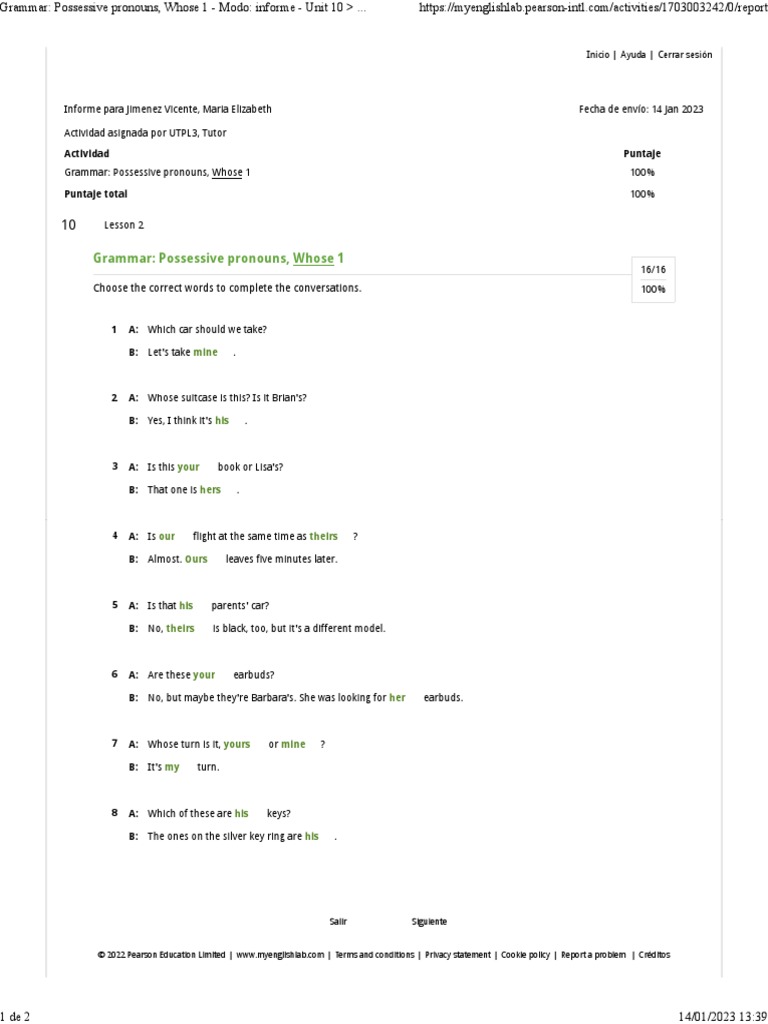 Grammar Possessive Pronouns, Whose 1 - Modo Informe - Unit 10 Lesson 2 - Coursename ...