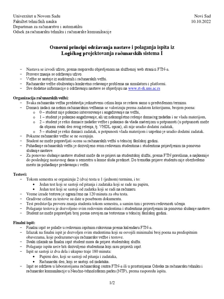 Osnovni Principi Odrzavanja Nastave I Polaganja Ispita Iz LPRS1 | PDF