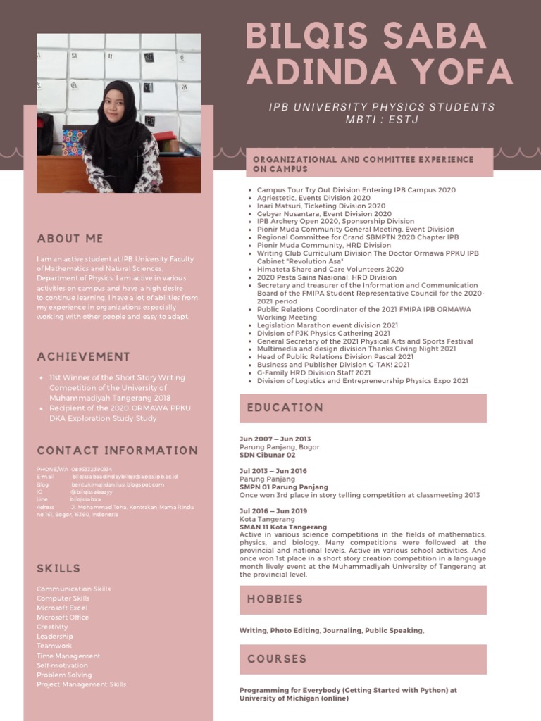 Curriculum Vitae - Bilqis Saba Adinda Yofa | PDF | Communication | Cognition
