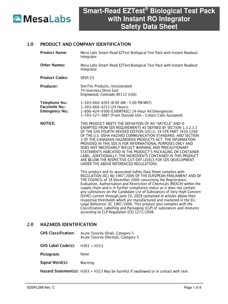 SDSPL298C Mesa Labs Smart-Read EZTest 10 5th Biological Test Pack With ...
